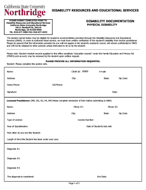 Fillable Online csun Documentation of Physical Disability - California ...