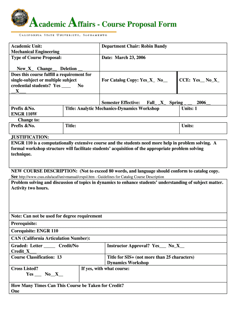Fillable Online Course Proposal Form for Mechanical Engineering Fax ...