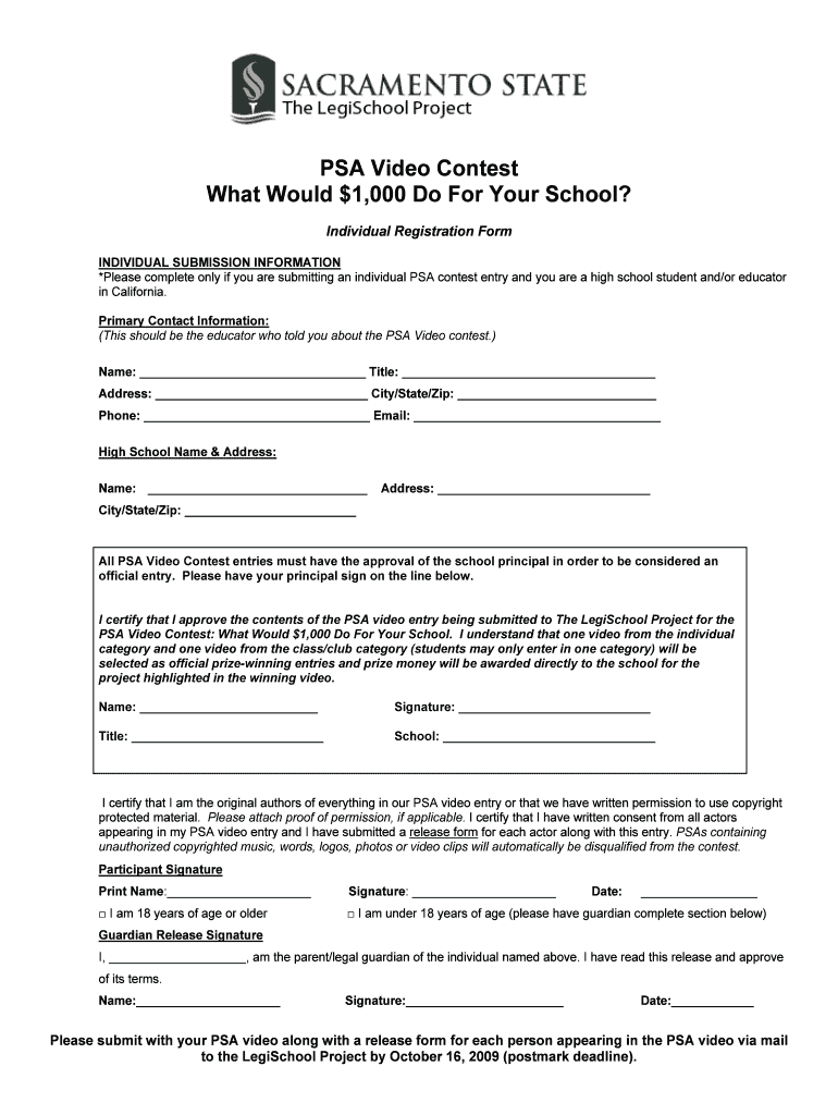 Fillable Online PSA Video Contest Registration Form Fax Email Print ...
