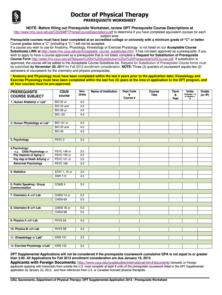 Fillable Online DPT Prerequisite Worksheet Fax Email Print - pdfFiller