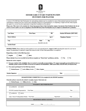 Fillable Online csus California early start application fillable form ...