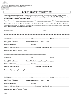 Fillable Online uchastings Dependent information - Hastings College of ...