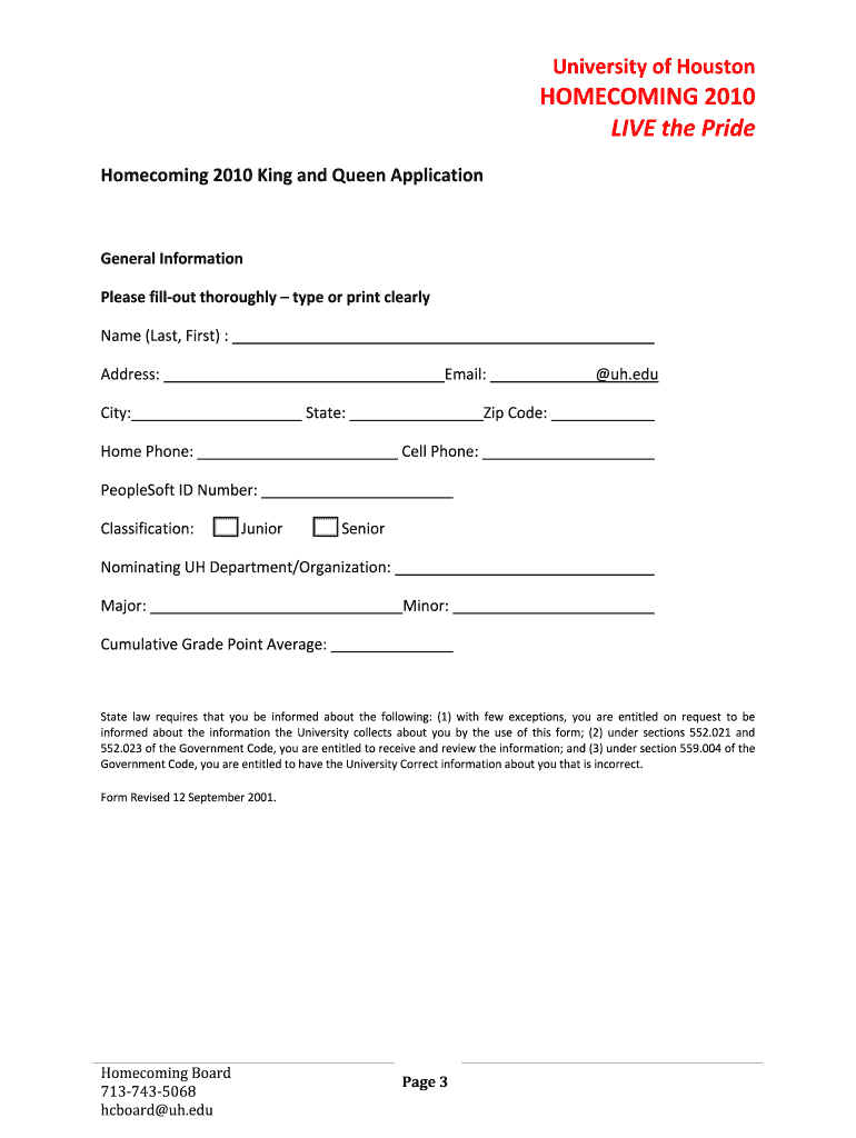 Fillable Online Homecoming 2010 King and Queen Application Fax Email ...