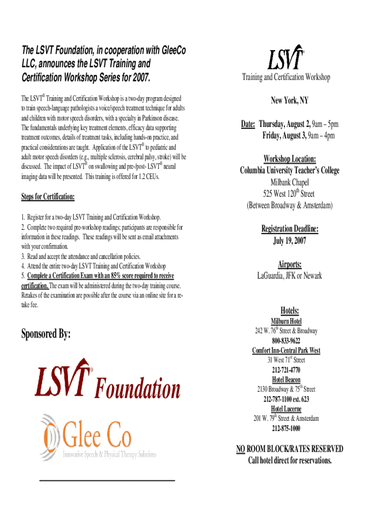 Fillable Online LSVT Training and Certification Workshop Series for 2007 Fax Email Print - pdfFiller