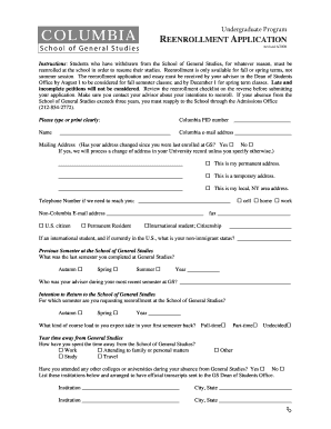 Fillable Online columbia REENROLLMENT APPLICATION - Columbia University ...