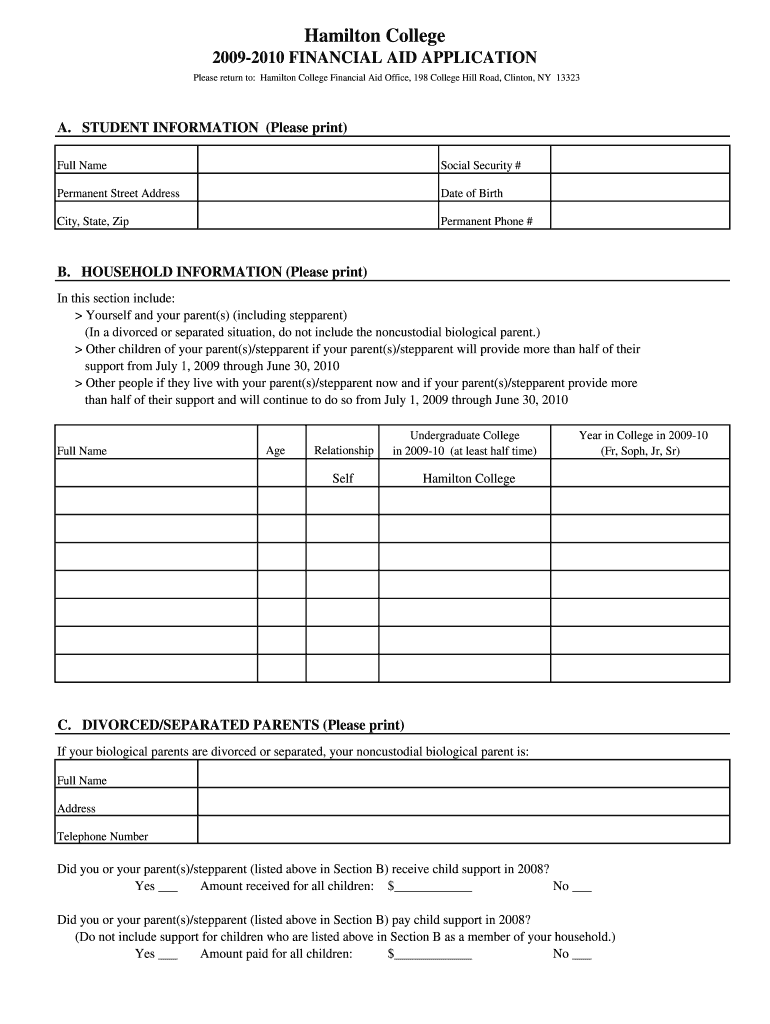 Fillable Online Financial Aid Application for Hamilton College Fax ...