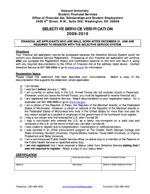 Fillable Online howard SELECTIVE SERVICE VERIFICATION 2009-2010 ...