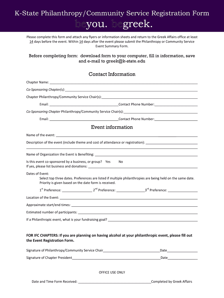 Fillable Online K-State Philanthropy/Community Service Registration Form Fax Email Print - pdfFiller