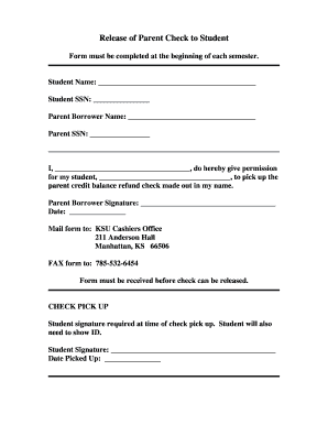 Fillable Online k-state Release of Parent Check to Student Fax Email ...