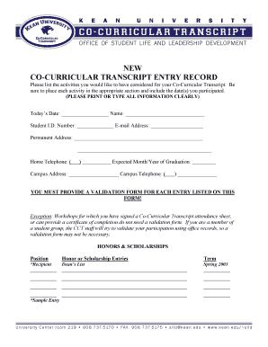 Fillable Online kean CCT New Entry Record Form - kean Fax Email Print ...