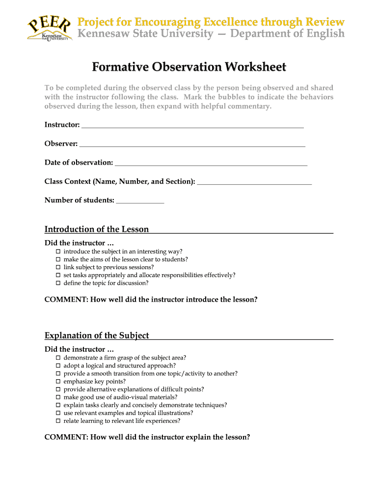 Fillable Online Formative Observation Worksheet Fax Email Print - pdfFiller