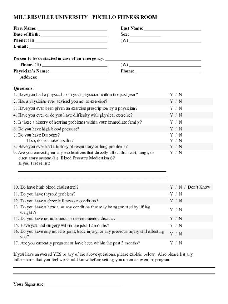 Fillable Online Fitness Room Health Screening Form Fax Email Print ...