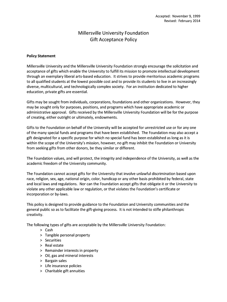 Fillable Online Millersville University Foundation Gift Acceptance ...