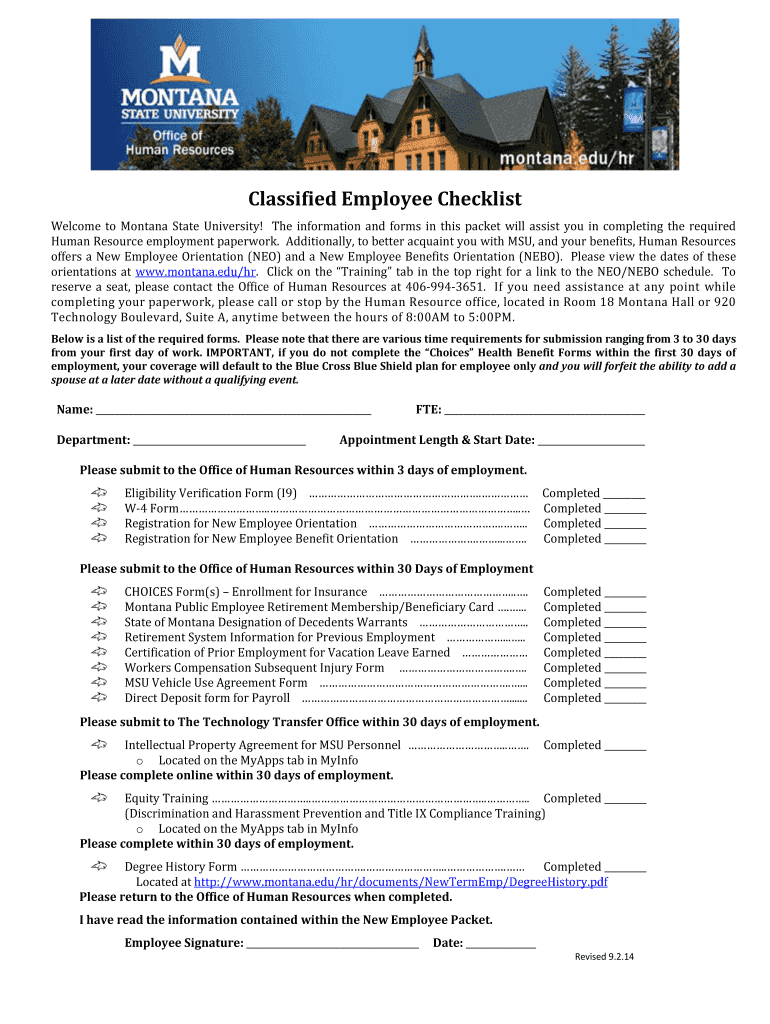 Fillable Online Montana State University Classified Employee Checklist ...