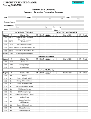 Fillable Online montana HISTORY EXTENDED MAJOR Catalog 2006-2008 ...