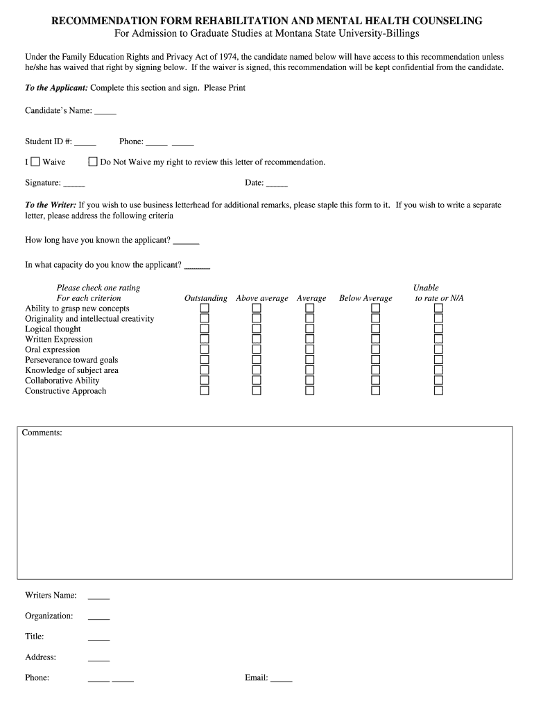 Rehabilitation and Mental Health Counseling Recommendation Form ...