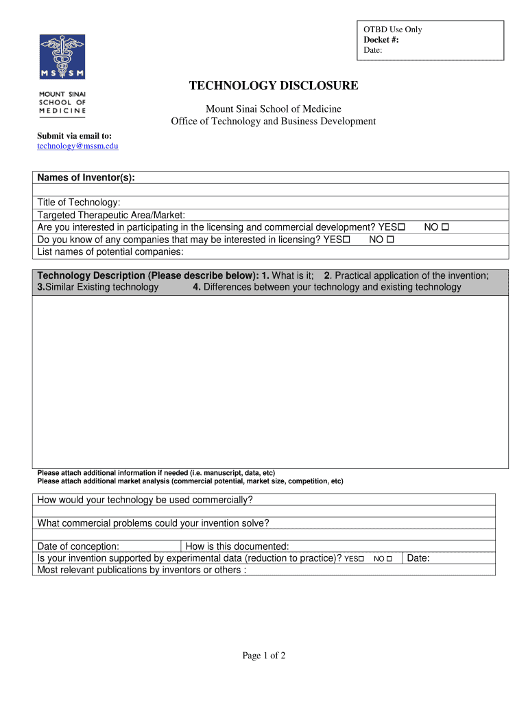 Technology Disclosure Form - Mount Sinai School of Medicine - mssm ...