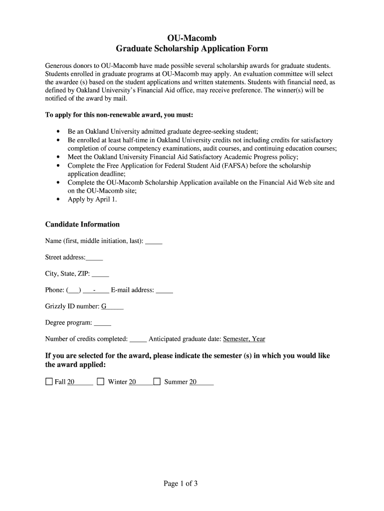 OU-Macomb Graduate Scholarship Application Form - Oakland - oakland: Fill out & sign online | DocHub