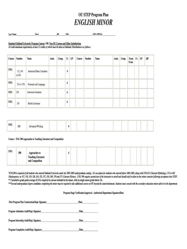 English Minor Program Plan - Oakland University: Fill out & sign online ...