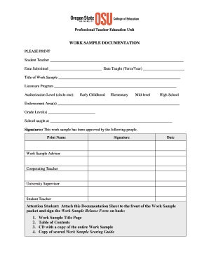 Fillable Online education oregonstate WORK SAMPLE DOCUMENTATION ...