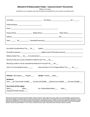 Fillable Online extension oregonstate OREGON 4-H ENROLLMENT FORM LINCOLN COUNTY ... - extension ...