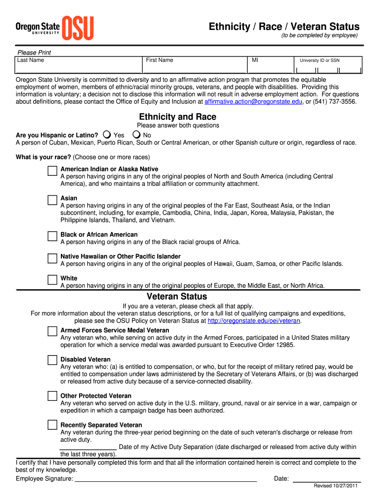 Fillable Online oregonstate Ethnicity / Race / Veteran Status - Oregon State University Fax ...