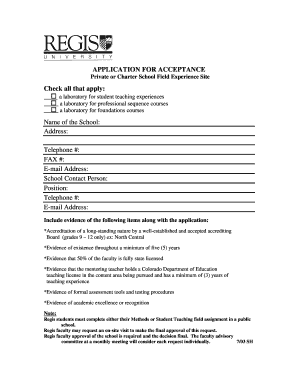 Fillable Online regis APPLICATION FOR ACCEPTANCE Check all that apply: Name of ... Fax Email ...