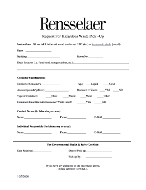 Fillable Online rpi Request For Hazardous Waste Pick Up Fax Email Print ...