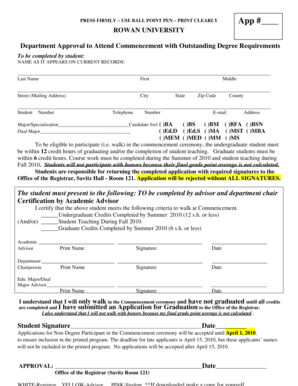 Fillable Online rowan ROWAN UNIVERSITY Department Approval to Attend Commencement with ...