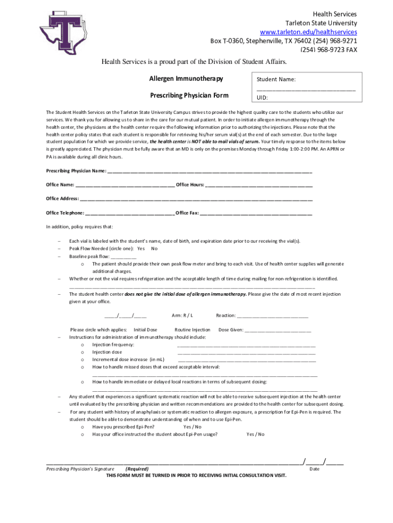 Fillable Online Allergen Immunotherapy Prescribing Physician Form Fax ...