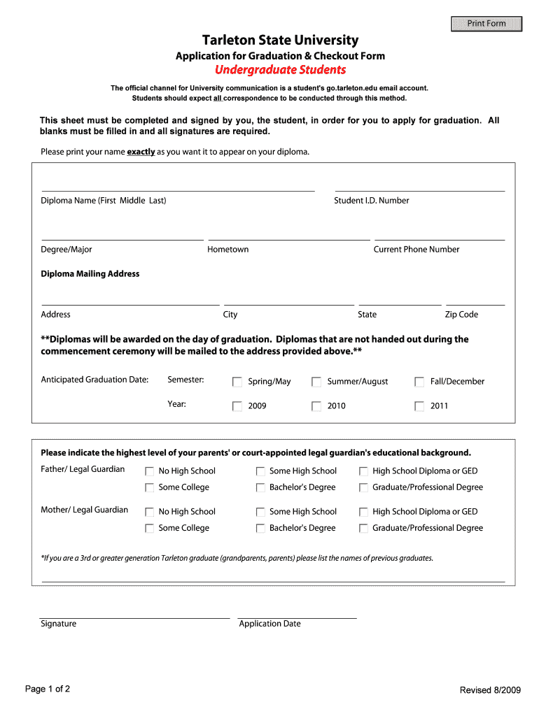 Fillable Online tarleton Application for Graduation & Checkout Form ...