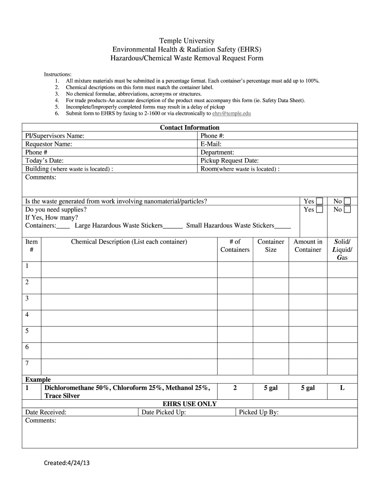 Fillable Online Hazardous Waste Removal Request Fax Email Print - pdfFiller
