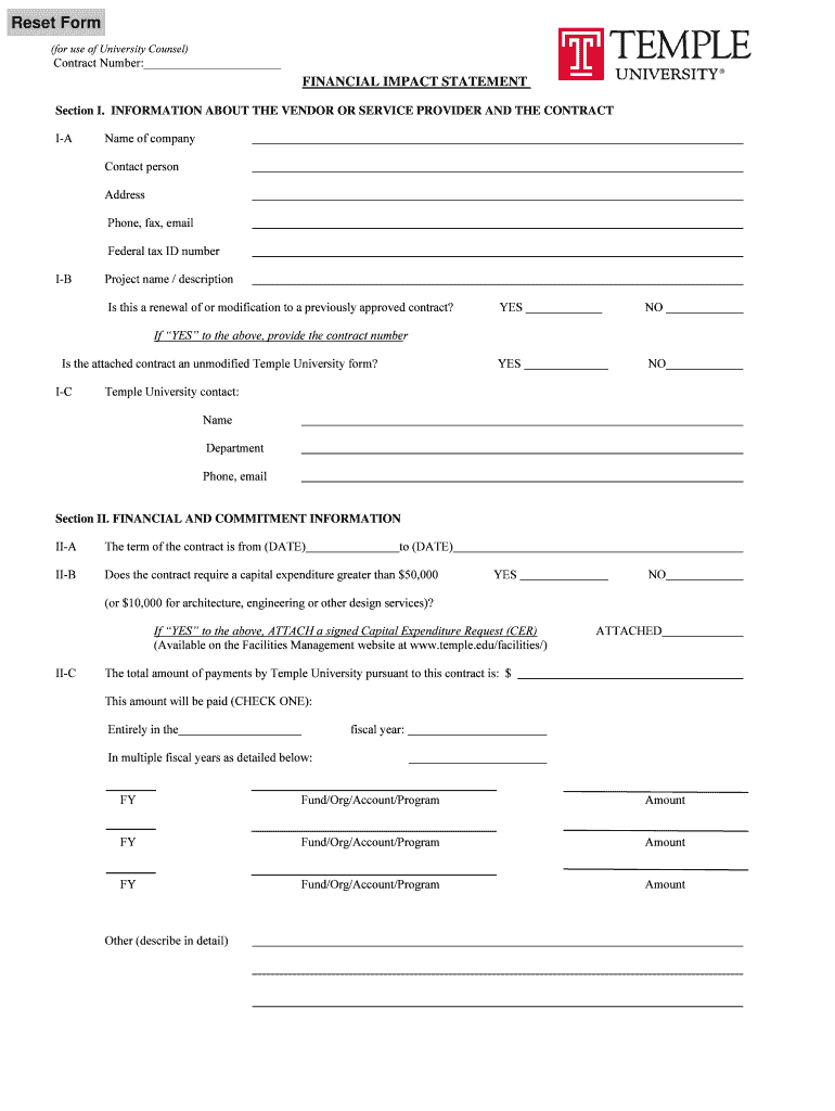 Fillable Online temple Financial Impact/Commitment Statement - Temple University - temple Fax ...