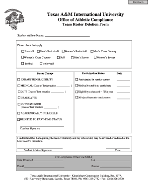 Fillable Online tamiu Team Roster Update Form - Texas A&M International ...