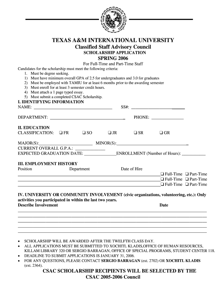 Fillable Online tamiu CSAC Scholarship Application Spring 2006 - Texas ...