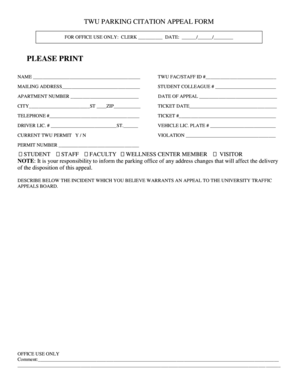 Fillable Online twu TEXAS WOMAN'S UNIVERSITY TRAFFIC APPEALS BOARD ...