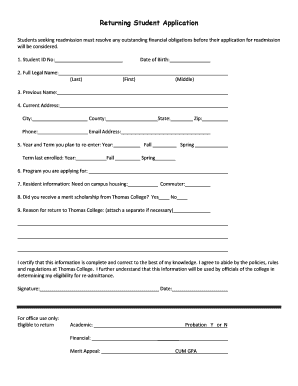 Fillable Online thomas Returning Student Application - Thomas College ...