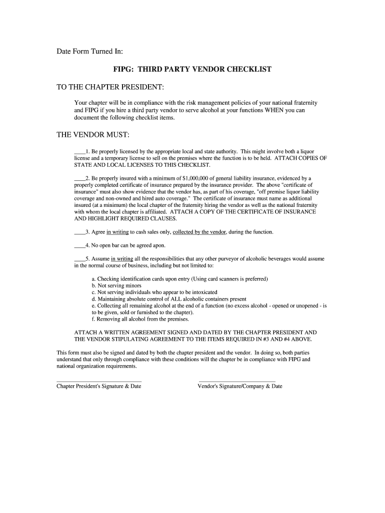 Fillable Online Third Party Vendor Checklist for Alcohol Service Fax ...