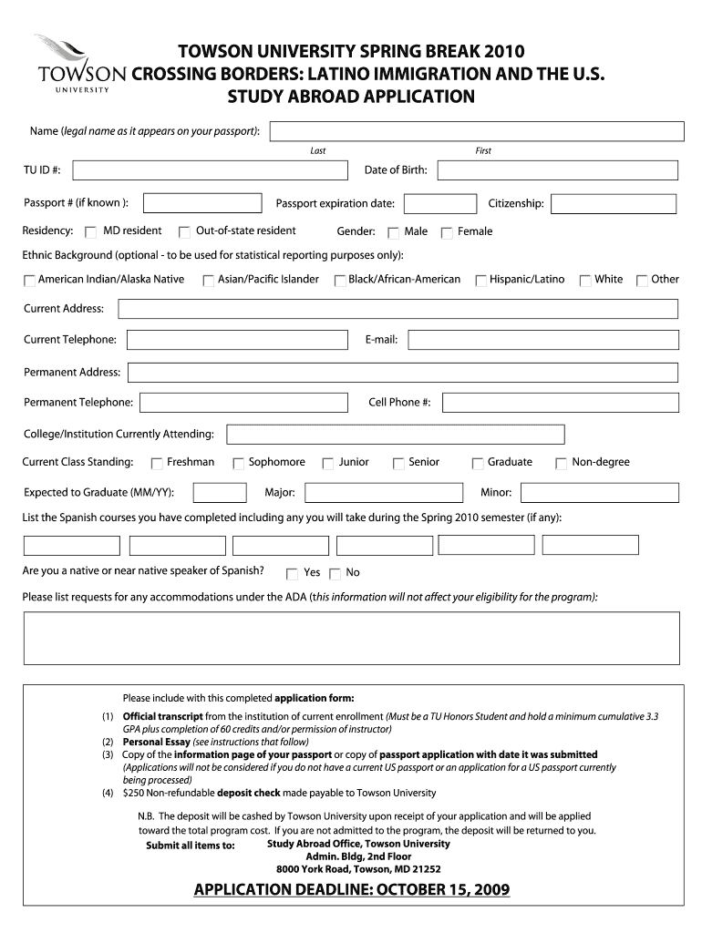 Fillable Online Towson University Study Abroad Application: Crossing Borders Latino Immigration ...