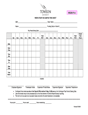 Fillable Online towson On Campus Federal Work Study Timesheet - towson ...