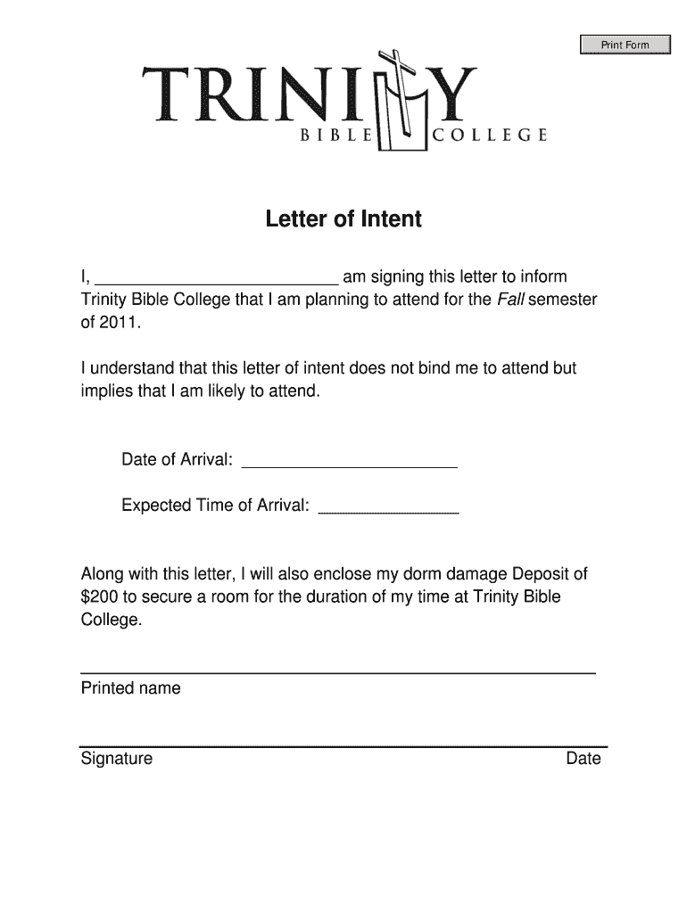Fillable Online trinitybiblecollege Print Form Letter of Intent I, am ...