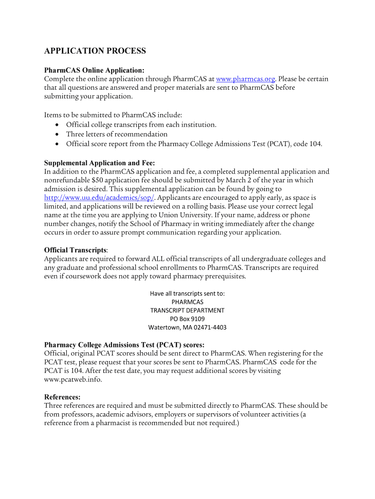 Fillable Online Pharmacy College Application Guidelines Fax Email Print ...