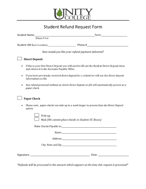 Fillable Online unity Student Refund Request Form (pdf) - unity Fax ...