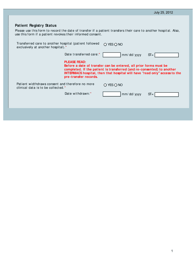 Fillable Online Patient Registry Status Form Fax Email Print - pdfFiller