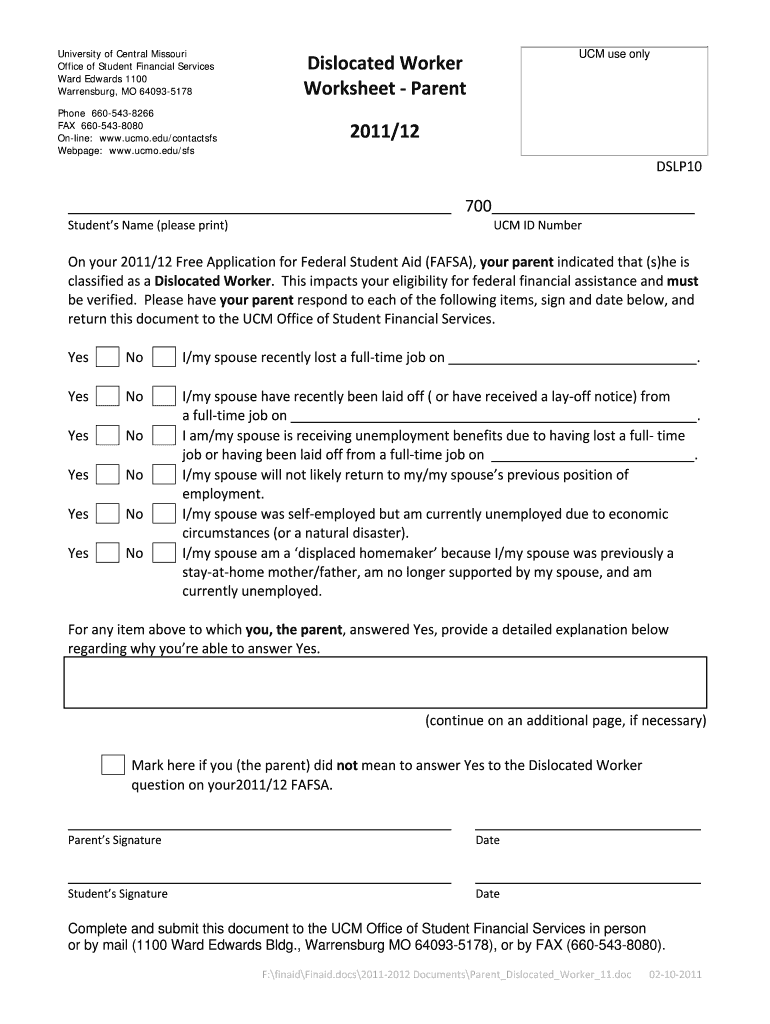 Fillable Online Dislocated Worker Worksheet for Financial Aid Fax Email Print - pdfFiller