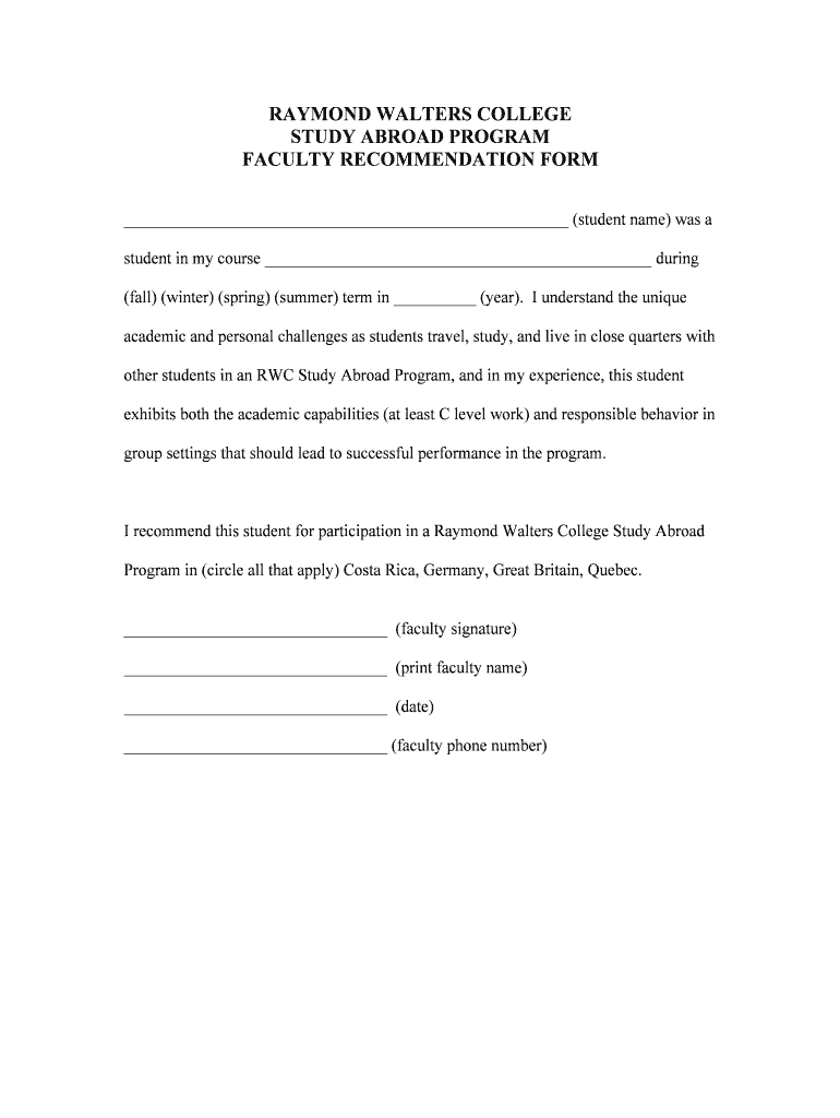 Fillable Online Study Abroad Program Faculty Recommendation Form Fax Email Print - pdfFiller