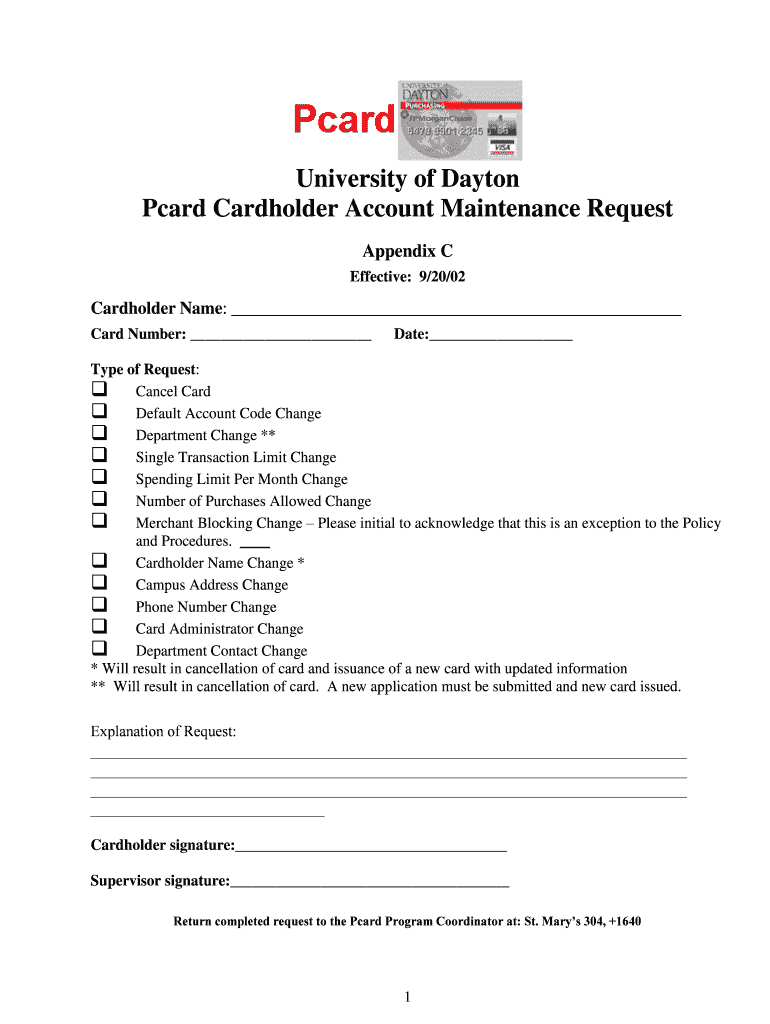 Fillable Online Pcard Cardholder Account Maintenance Request Fax Email ...