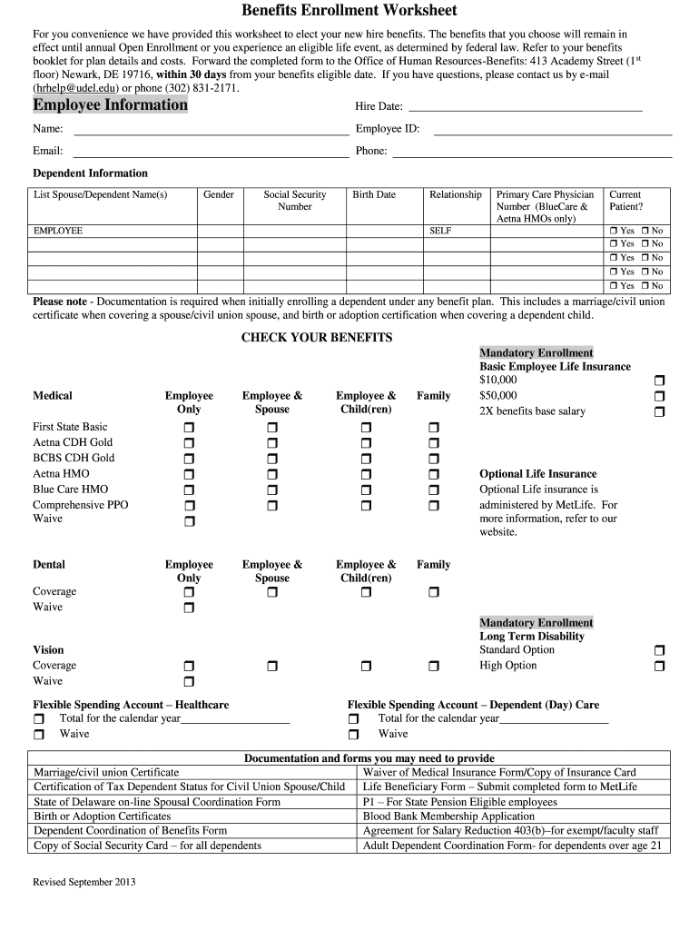 Fillable Online Benefits Enrollment Worksheet for New Hires Fax Email Print - pdfFiller
