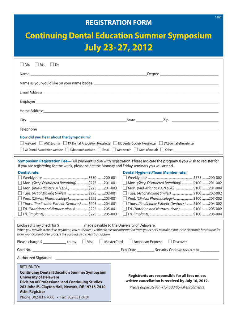 Fillable Online Registration Form for Continuing Dental Education Symposium Fax Email Print ...