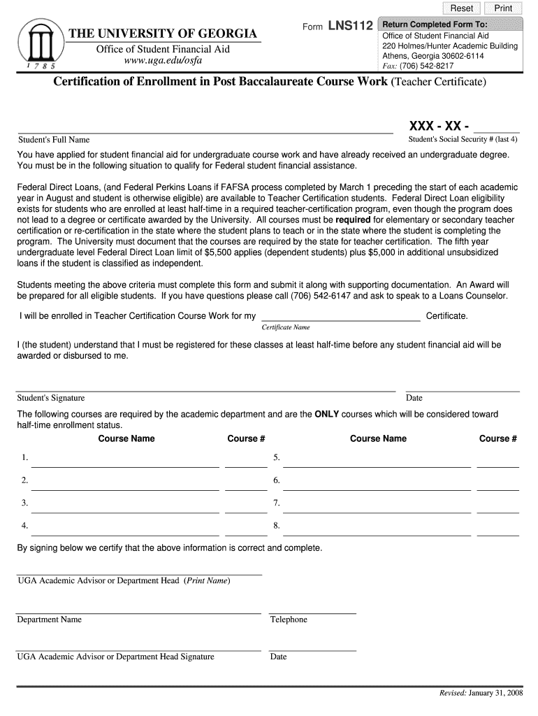 Fillable Online Certification of Enrollment in Post Baccalaureate Course Work Fax Email Print ...